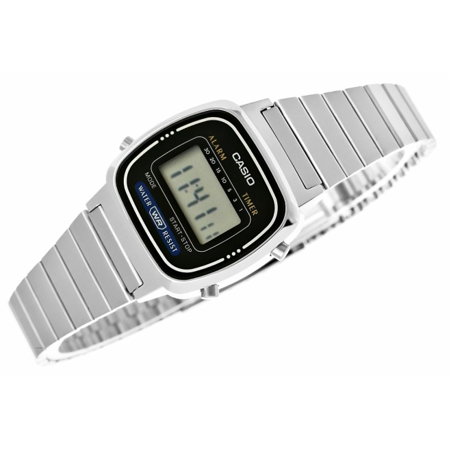Zegarek damski Srebrny CASIO Srebrna bransoleta LA670WD-1DF na bransolecie srebrnej, czarna tarcza